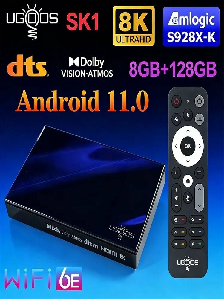 Караоке-система ТВ приставка Ugoos SK1 8/128 Гб Amlogic S928X-K Android 11.0, WiFi6/BT5.2, поддержка 1000M AV1 H.265 8K 60 кадров в секунду VP9 HDR медиаплеер