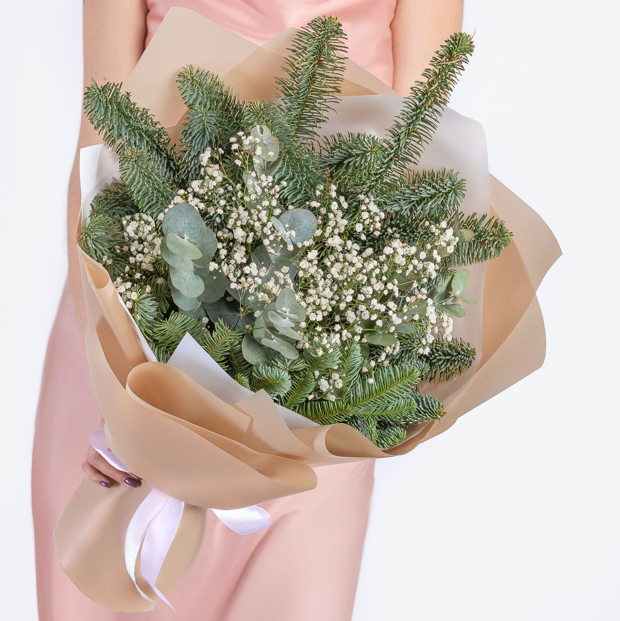 Дуо-букет Мегацвет24 "Гипсофила и Нобилис", белый/зеленый, дизайнерская упаковка