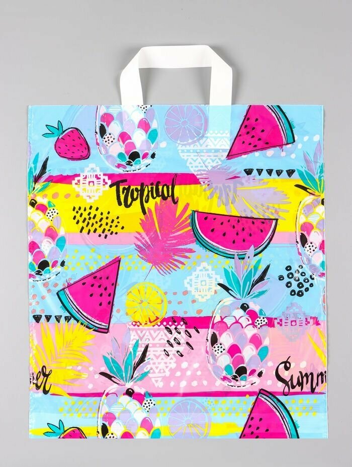 Пакет Тропические фрукты , полиэтиленовый с петлевой ручкой, 38 42 + 3 см, 37 мкм