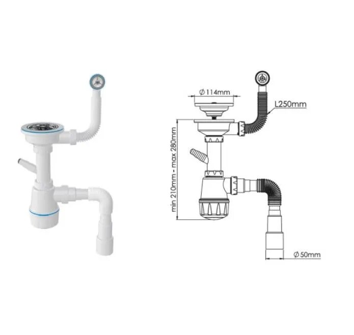 Сифон для мойки М104-6 выпуск 3 1/2 с круг. перелив, отв стир маш, пласт винт труба 40/50 Zegor