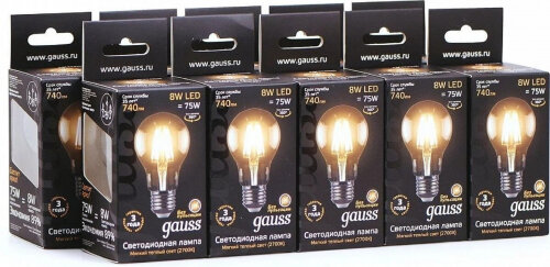 Светодиодная лампа Gauss LED Filament A60 E27 8W 740lm 3000К (упаковка 10 шт.)