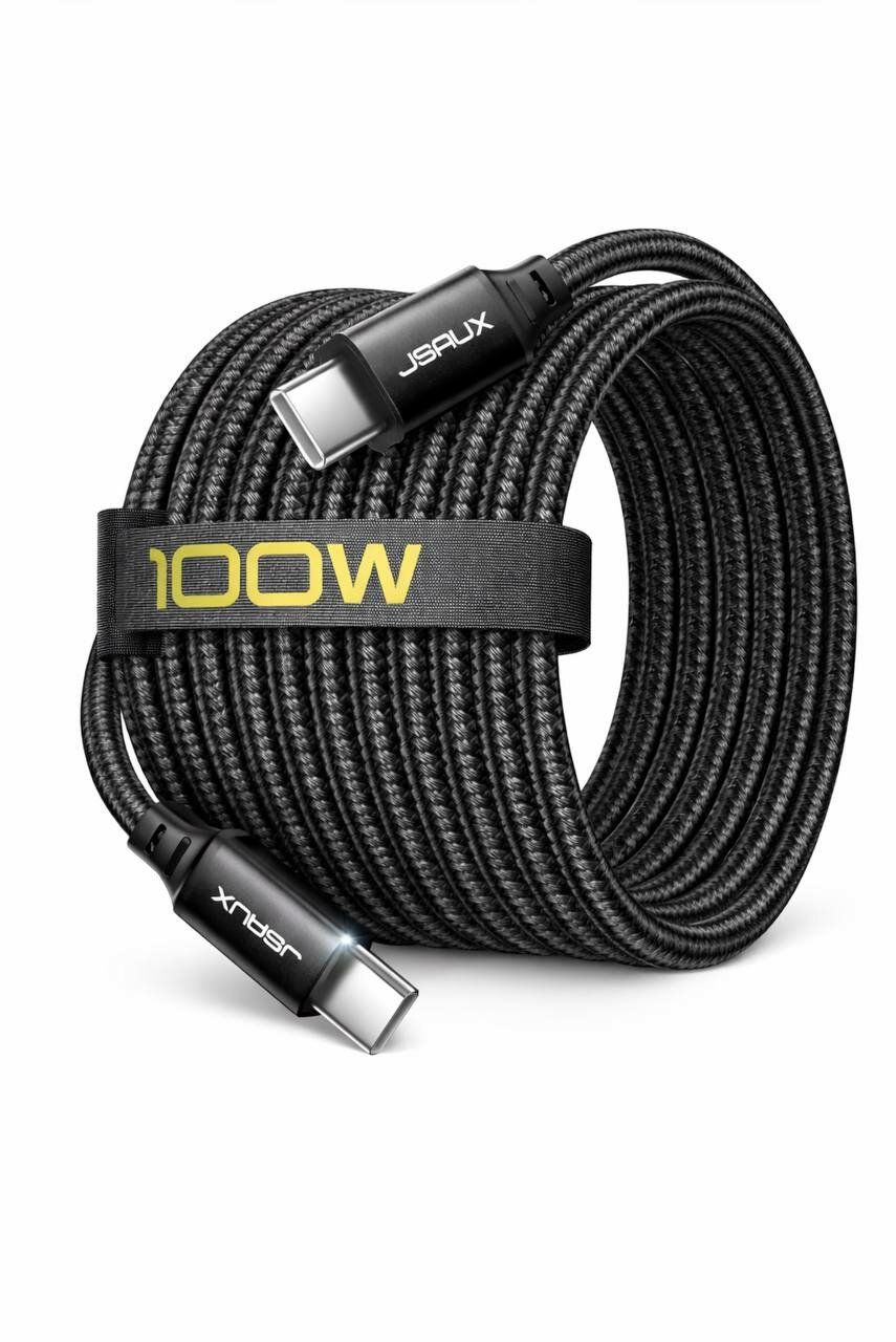 Кабель Type C Type C JSAUX (100W) (3 м) 5А для быстрой зарядки iPhone 17/16/15, Samsung Galaxy S25/24 MacBook, Steam Deck LCD/OLED, Nintendo Switch 1/2 (чёрный) - CC0050