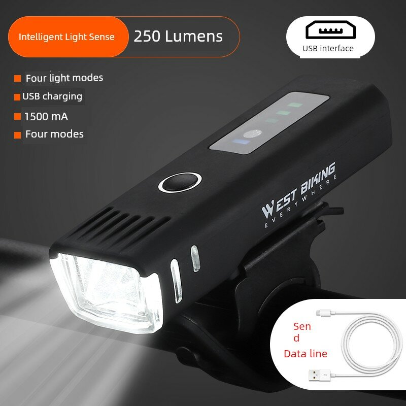 Черный USB-заряжаемый велосипедный фонарь с 250 люменами, умным датчиком и аккумулятором 1500 мАч