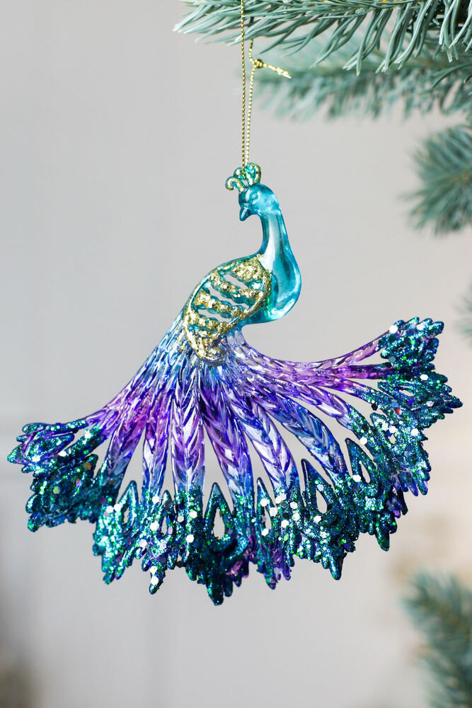 Ёлочная игрушка небесный павлин, пластик, синий, 15 см, Kurts Adler T3110-2