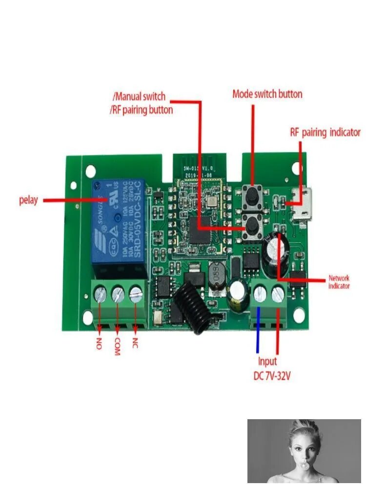 Умное реле Wi-Fi, RF, BLE, 10А, 7-32V, контроллер с сухим контактом, без корпуса