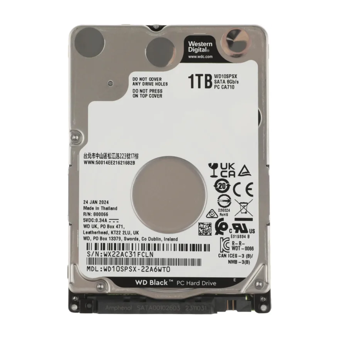 Жесткий диск Western Digital WD10SPSX, 2.5", 1 ТБ, SATA III (6 Гбит/с), 7200 об/мин, серебристый