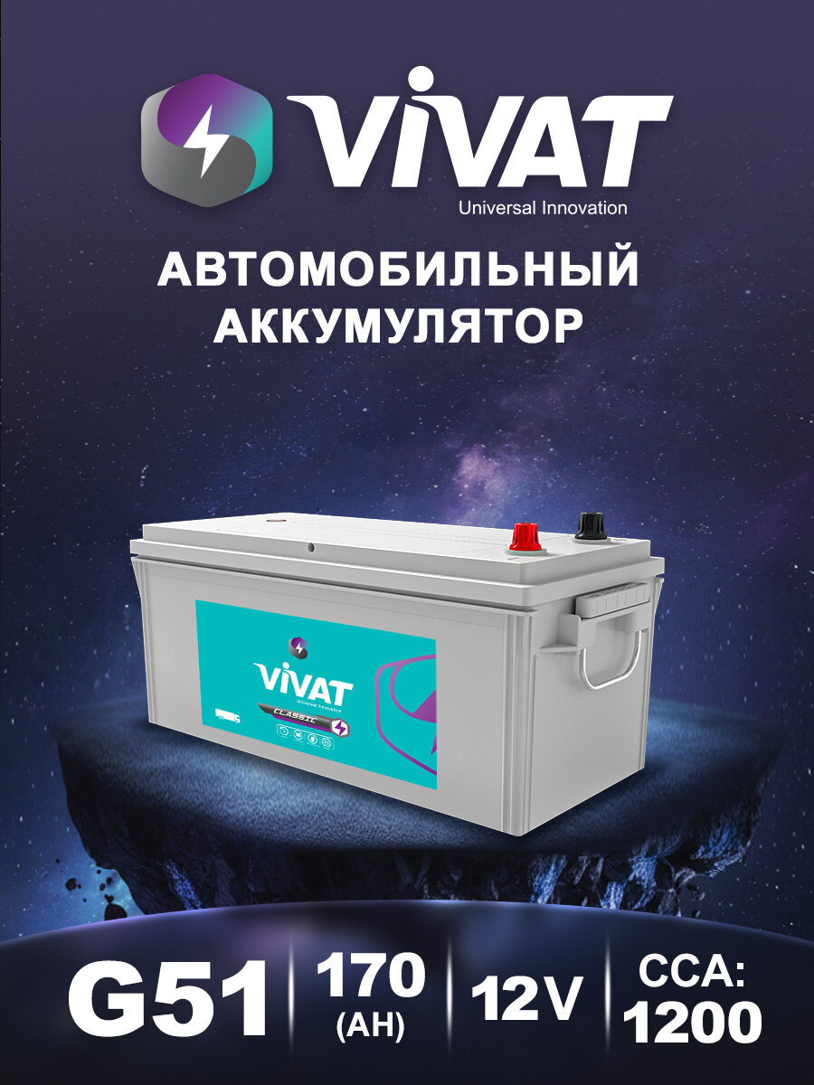Аккумулятор автомобильный ViVAT 170 Ач 1200 А 12 В Обратная полярность