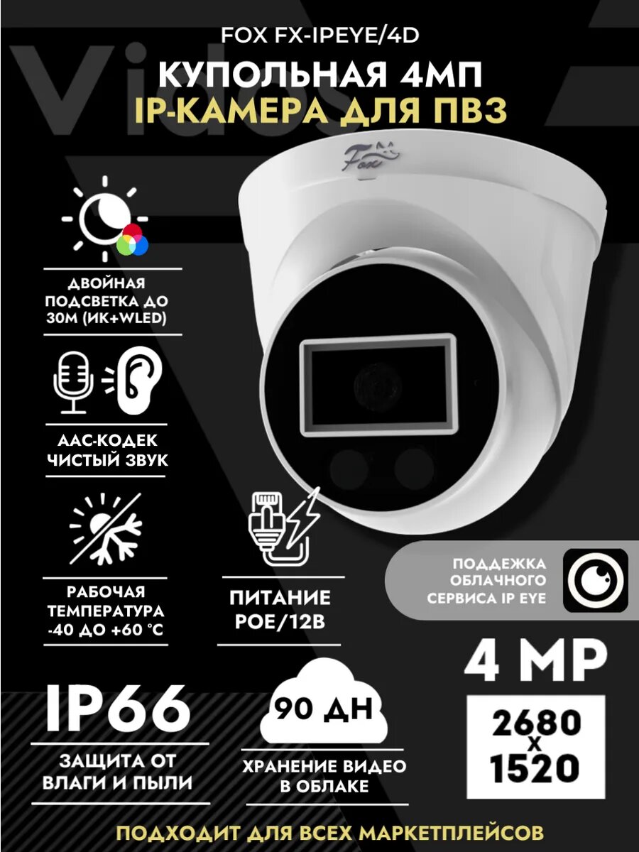 IP-камера Fox FX-IPEYE/4D, купольная, 4 МП, с микрофоном, с гибридной подсветкой, белая
