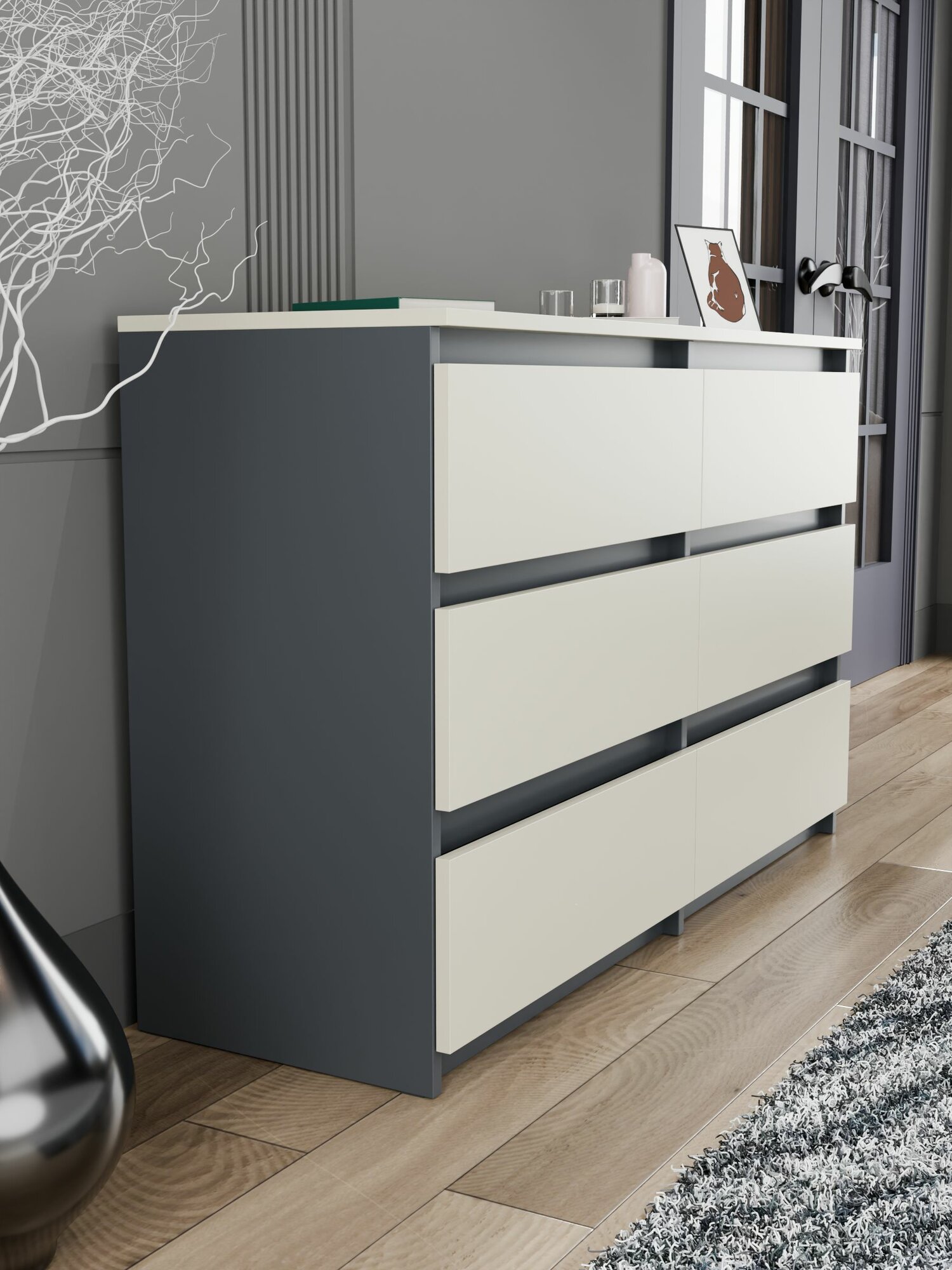 Комод для белья и одежды орлан 6 ящиков, 120х76.4х40 см, графит/бежевый кашемир