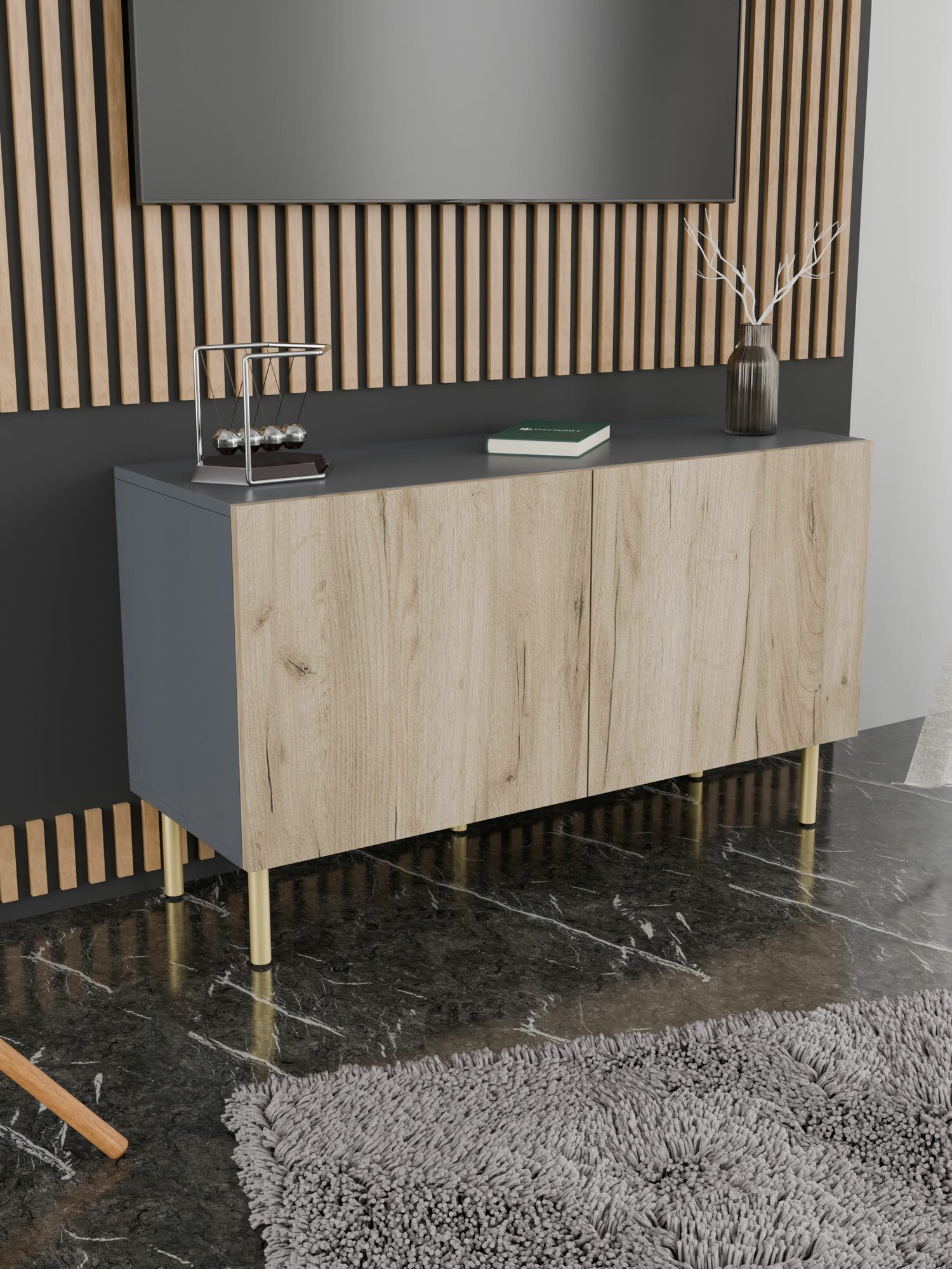 Изумлит Тумба под телевизор Вертикаль Лайт на ножках 100х58.7х36 см, графит-дуб крафт серый