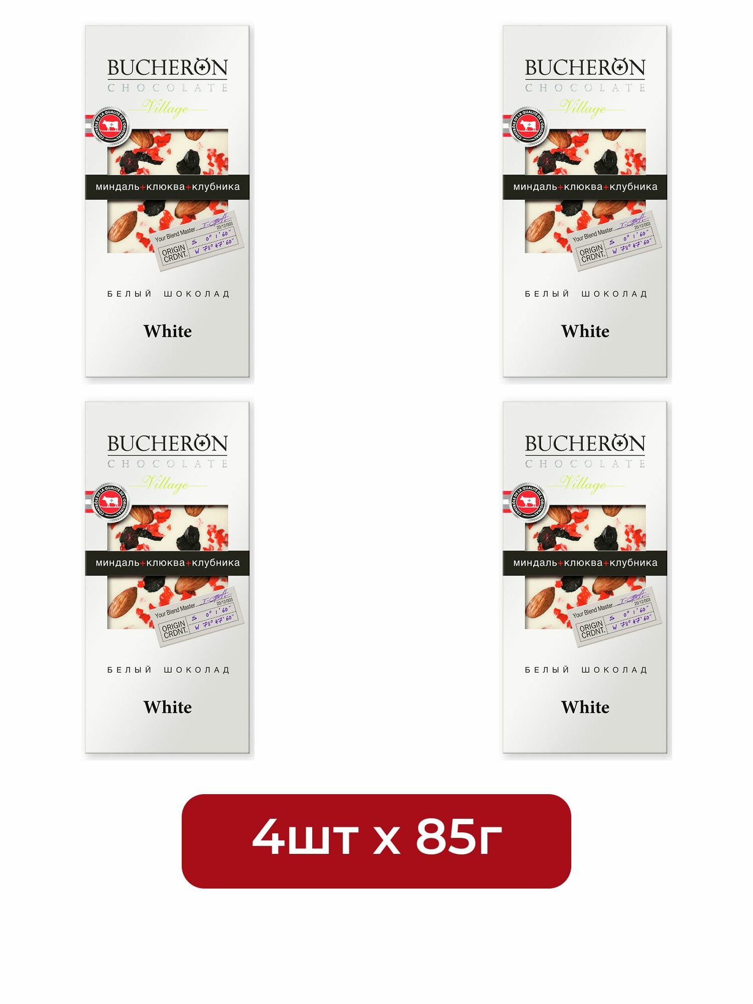Шоколад Bucheron Village белый миндаль с клюквой и клубникой, 85г х 4шт.