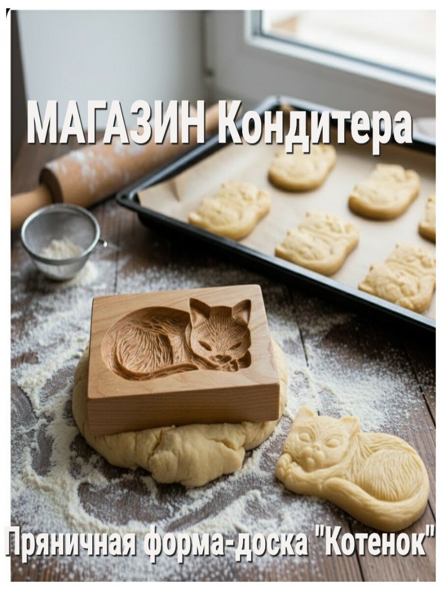 Пряничная форма-доска "Котенок" для формирования пряников и печенья — фото 1