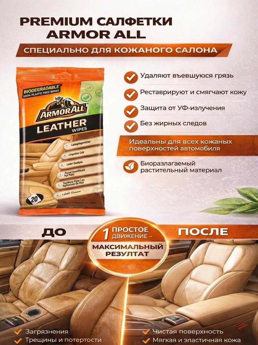 Салфетки для кожи, кожаного салона PREMIUM - 20 шт
