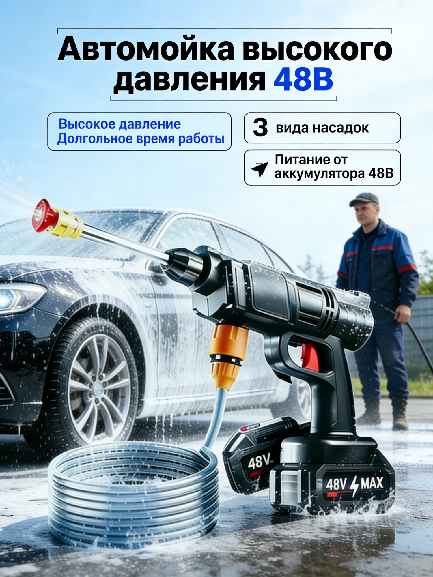 Аккумуляторная автомойка высокого давления с кейсом 2 аккумулятора. Минимойка