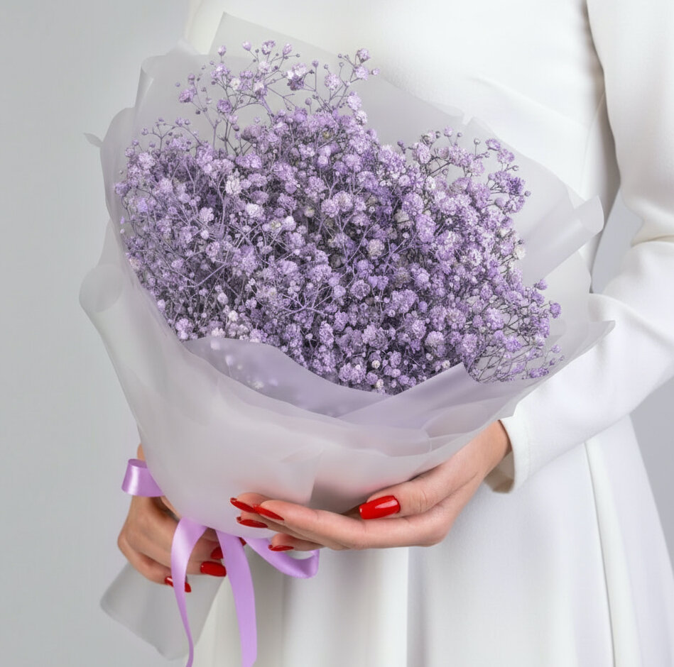 Букет Мегацвет24, "Сиреневая гипсофила", 5 шт, стабилизированные цветы, дизайнерская упаковка