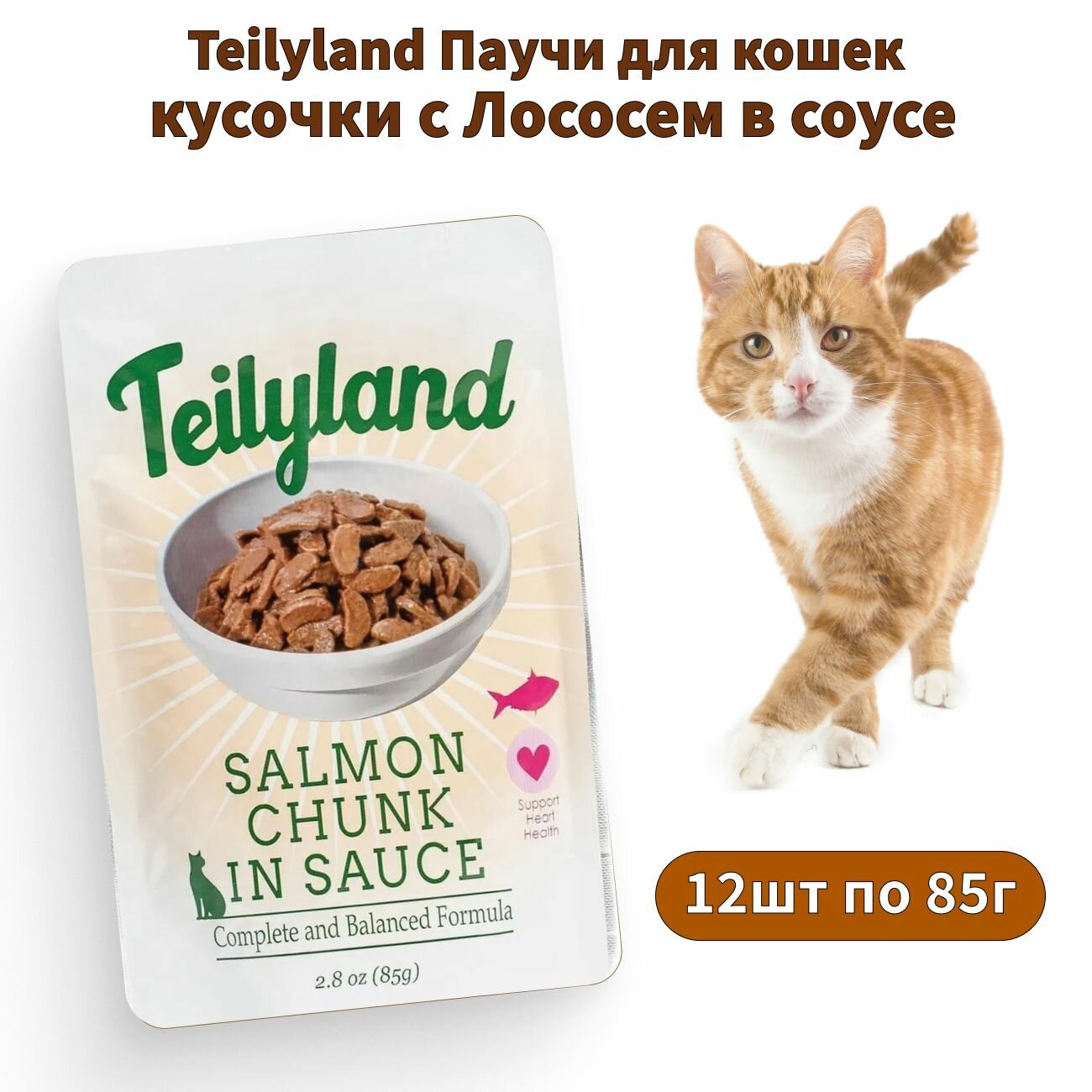 Teilyland Корм влажный для кошек кусочки с Лососем в соусе 85г (12 штук)