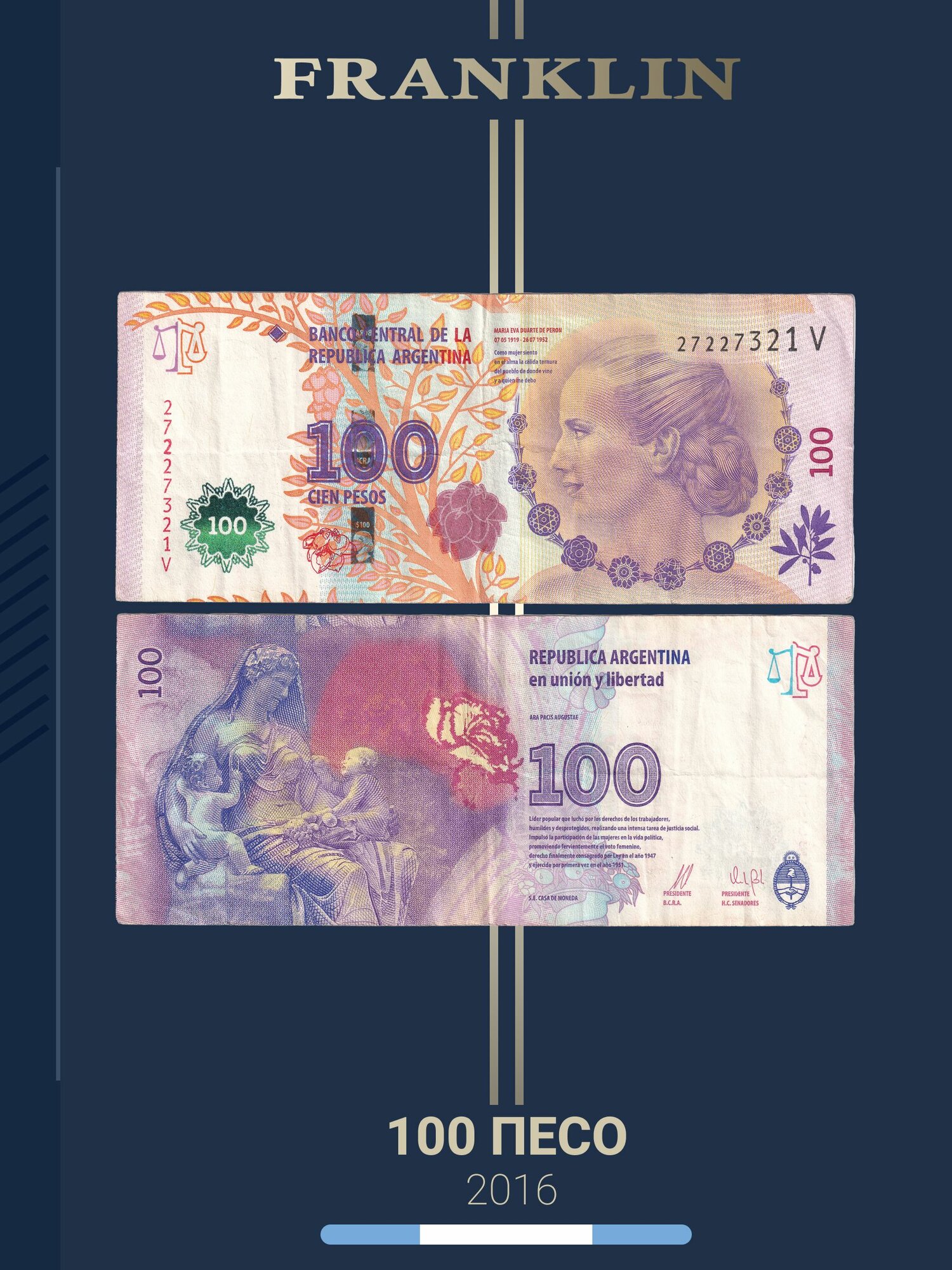 Банкнота Аргентина 100 песо 2016 год (F) Pick 358