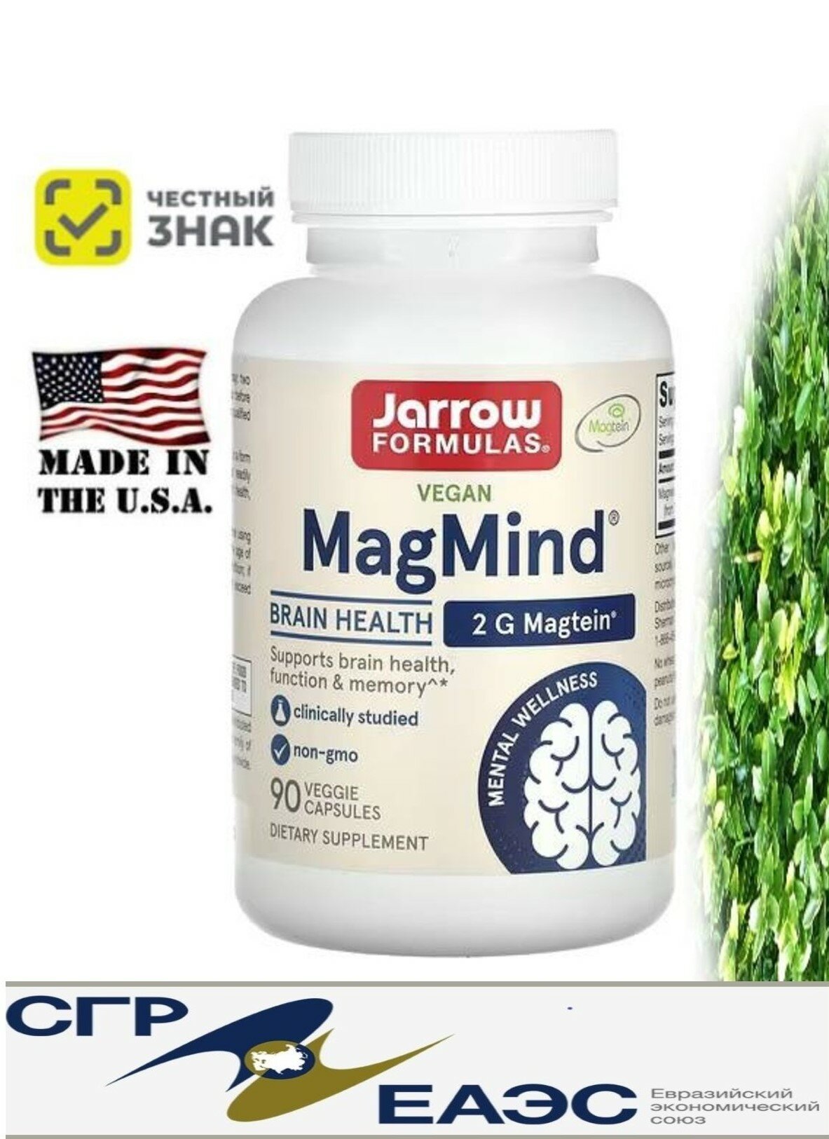 БАД Jarrow Formulas MagMind 2G 90 veg caps/ "МагМайнд" 90 вегетарианских капсул для улучшения мозговой активности. Товар промаркирован в системе "Честный Знак"