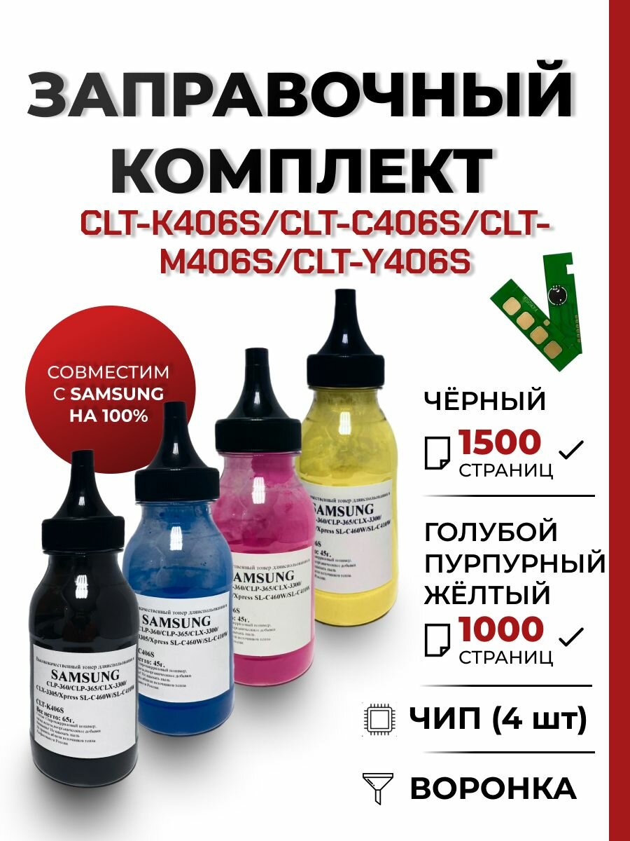 Заправочный комплект CLT-KCMY406S для принтера Samsung CLP-360/365W/CLX-3300/3305fw/Xpress SL-C410w/C460fw, чип, воронка