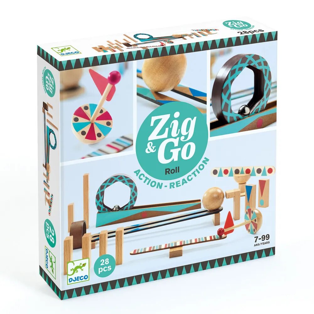 DJECO Zig & Go Roll Action-Reaction Деревянный конструктор 28 деталей для развития логики и мышления