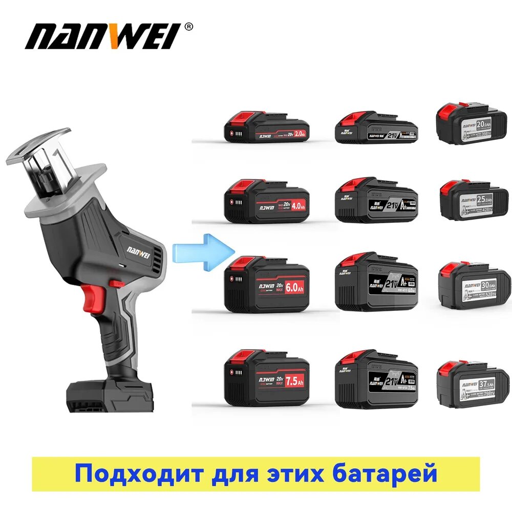 Садовая пила NANWEI аккумуляторная бесщеточный двигатель для обрезки веток, пластиковая ручка, черная — фото 1