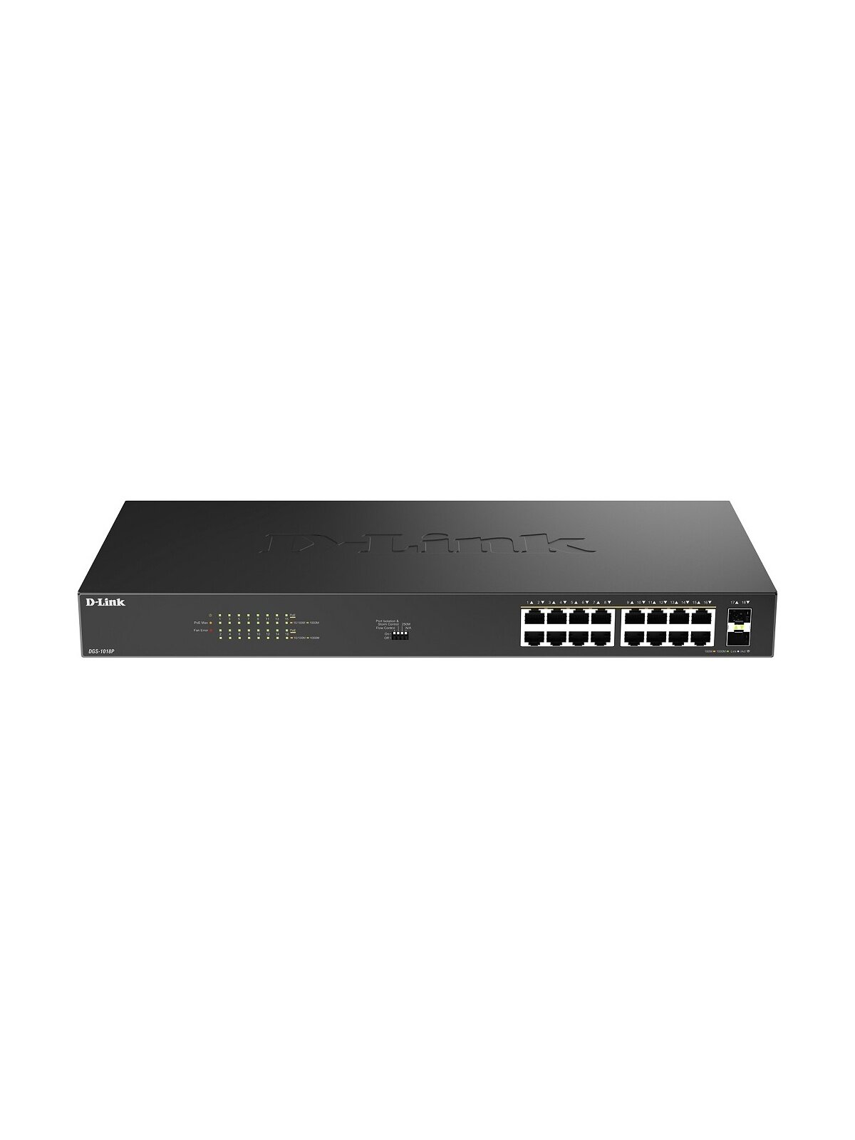 D-Link DGS-1018P/B1A Конфигурируемый коммутатор с 16 портами 10/100/1000Base-T, 2 портами 1000Base-X SFP и DIP-переключателем (16 портов PoE 802.3af/at, PoE-бюджет 240 Вт)