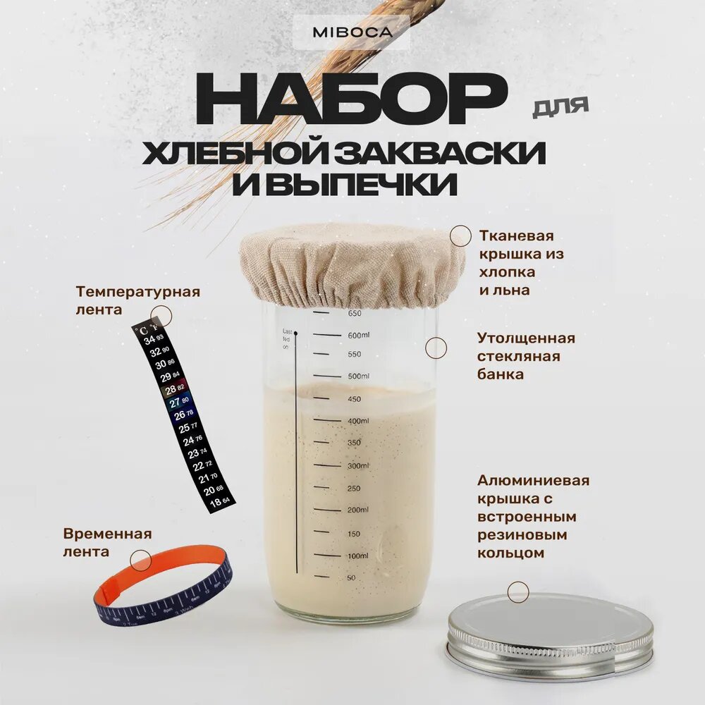 Набор для хлебной закваски и выпечки: Корзина из закаленного стекла, температурная и временная ленты, тканевая и алюминиевая крышки