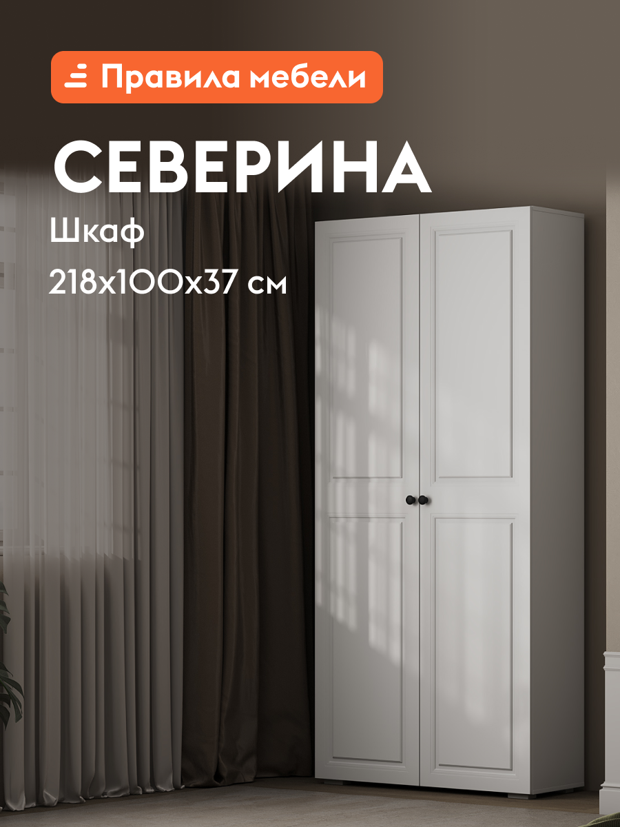 Распашной шкаф для одежды и хранения вещей Северина со штангой, с полками, 100х37х217.6 см, Белый