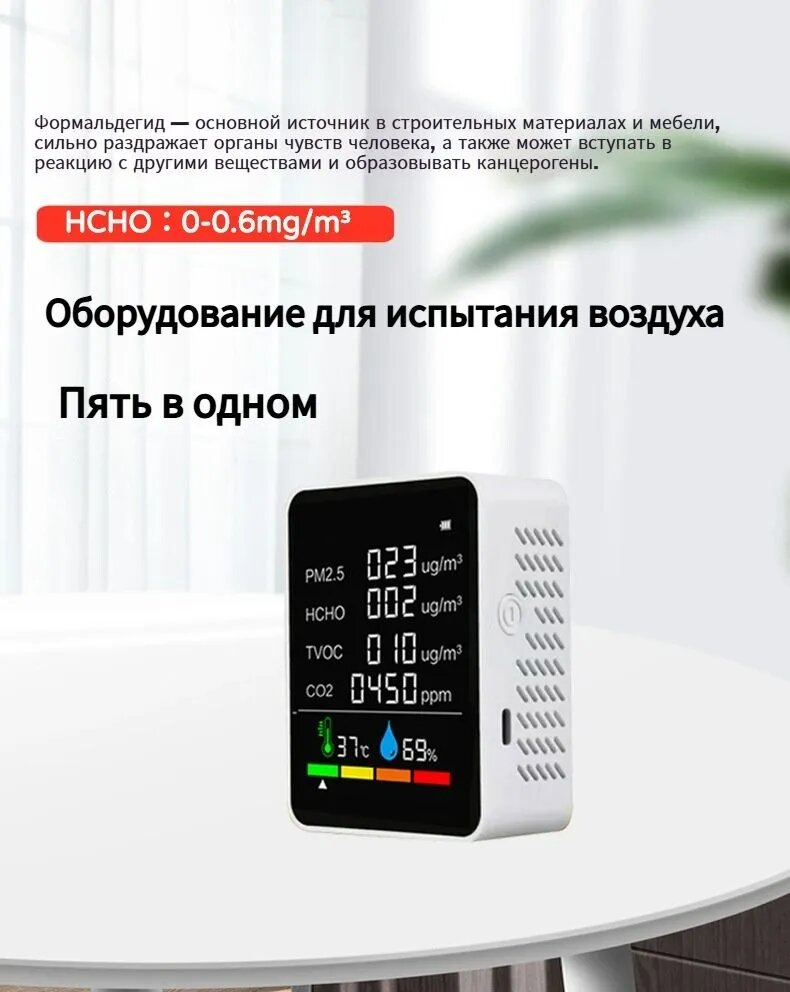 Измеритель качества воздуха, домашний 5-в-1 детектор CO, формальдегида, PM2.5, TVOC, температуры, влажности и углекислого газа