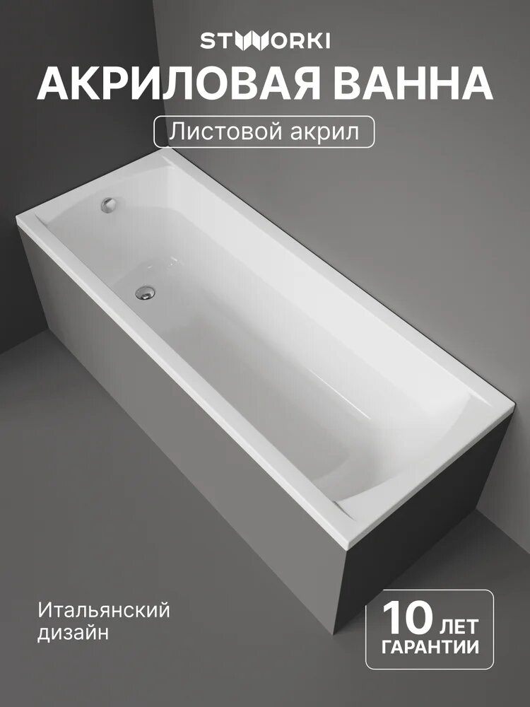 Акриловая ванна STWORKI Эстерсунд 175x70, с каркасом, пристенная, белая, глянцевая, прямоугольная