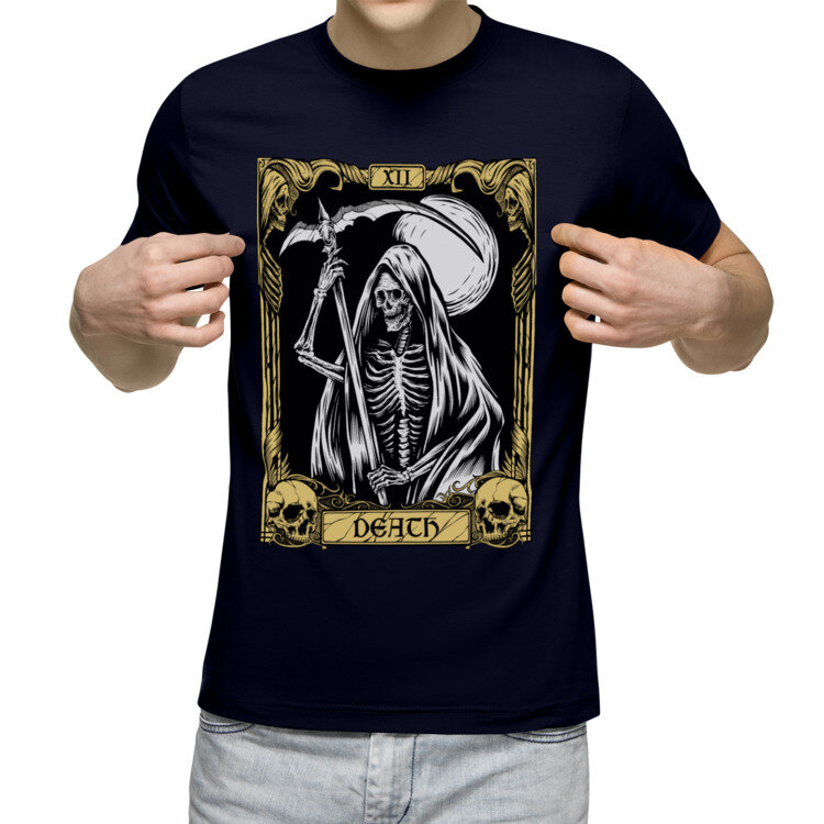 Мужская футболка «Карта таро Смерть с косой, скелет, эзотерика, гадание» (темно-синий, L)