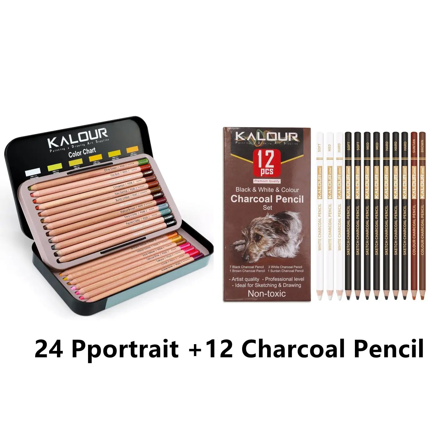 Набор карандашей KALOUR: 24 цвета + 12 Charcoal