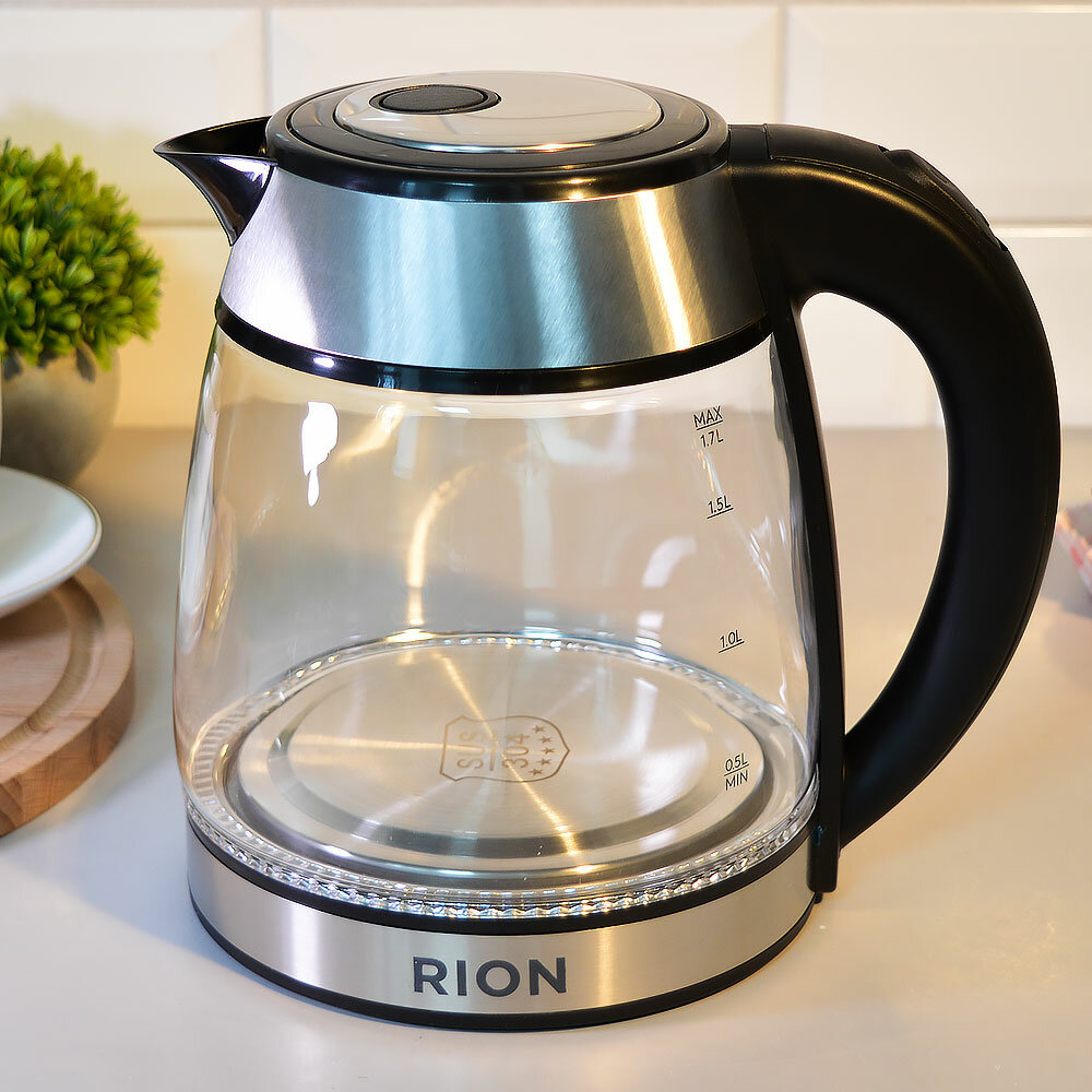 Чайник электрический 1.7л Rion, стеклянный корпус, 1500Вт, нержавеющая сталь SUS 304, шкала уровня воды