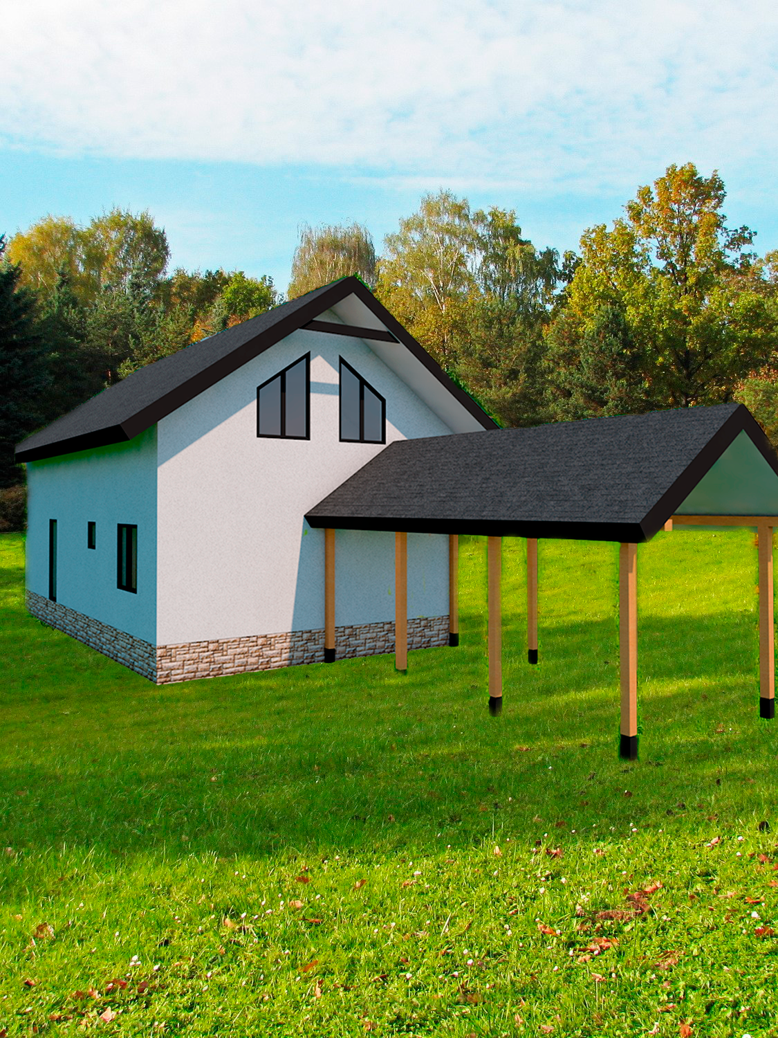 Проект двухэтажного каркасного дома с навесом под авто 18,0х7,0 м