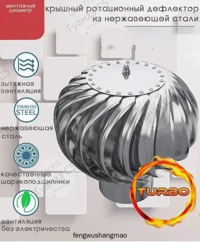 Дефлектор 400 мм для вентиляции, турбо- нержавеющая сталь, на трубу 400 мм