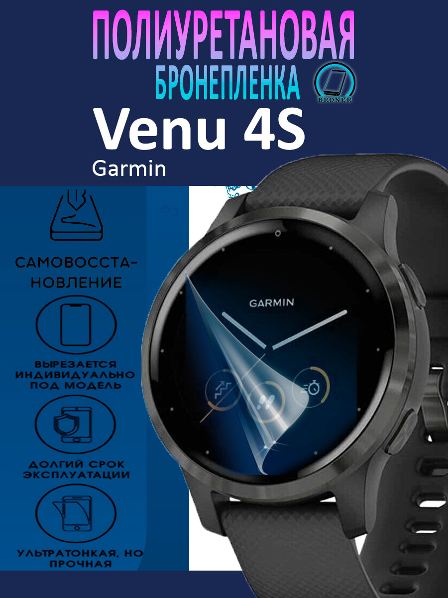 Полиуретановая бронепленка для смарт-часов Garmin Venu 4S / Защитная плёнка на экран / Глянцевая
