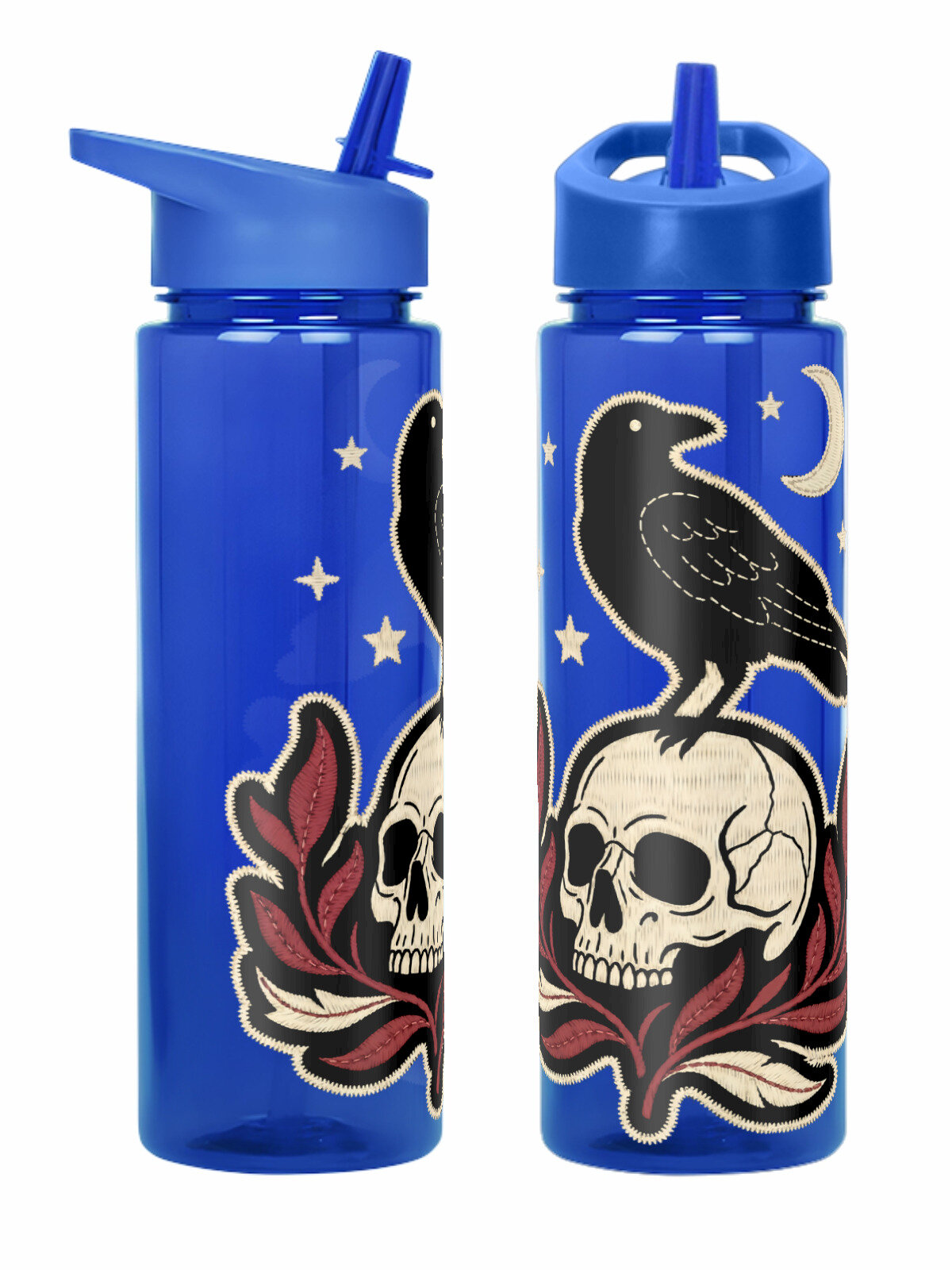 Бутылка синяя для воды с принтом Ворон и череп