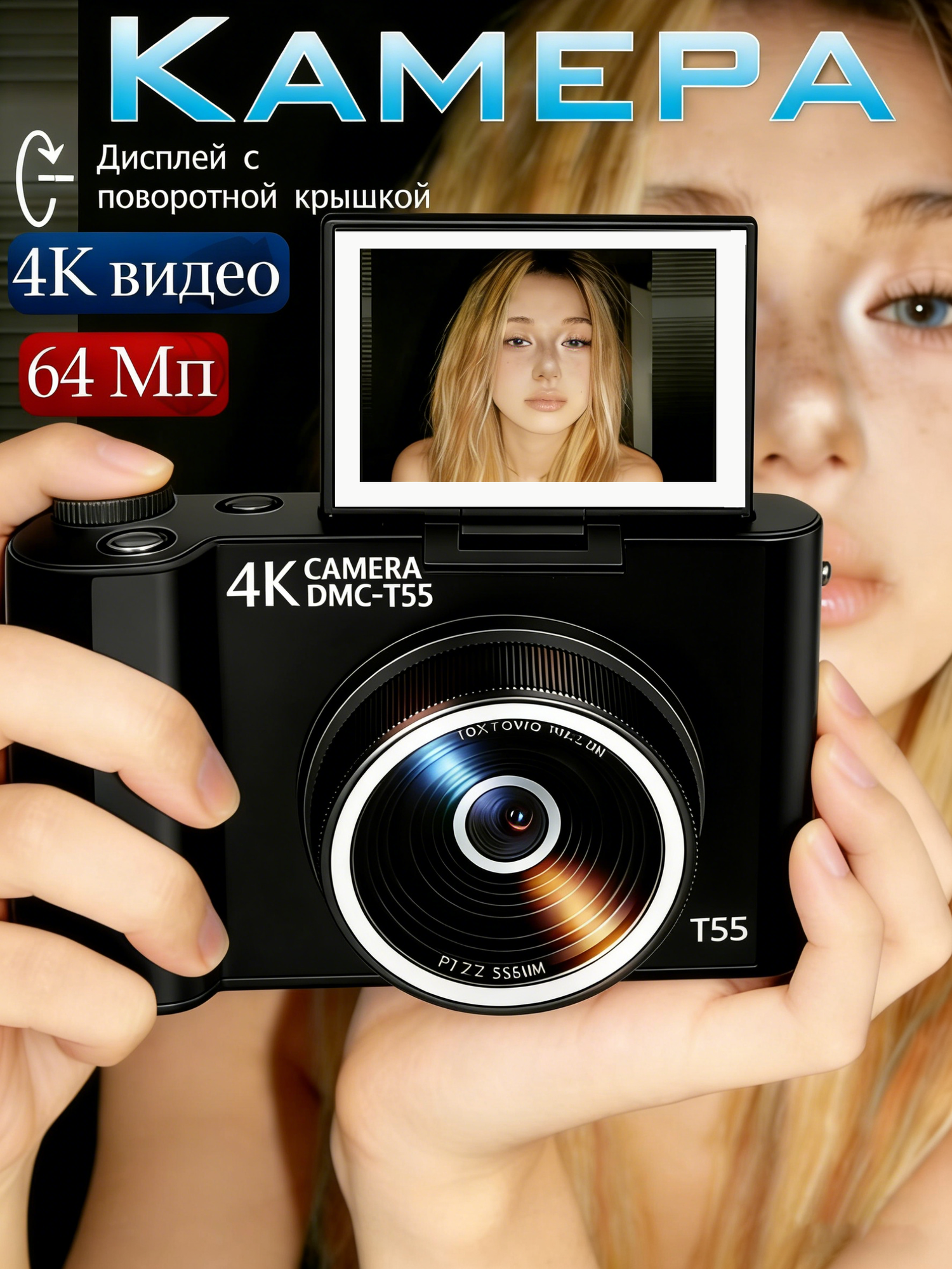 Портативная цифровая фотоаппарат, 64 миллиона пикселей высокой четкости, 3 дюйма, USB-интерфейс и карта памяти, черный