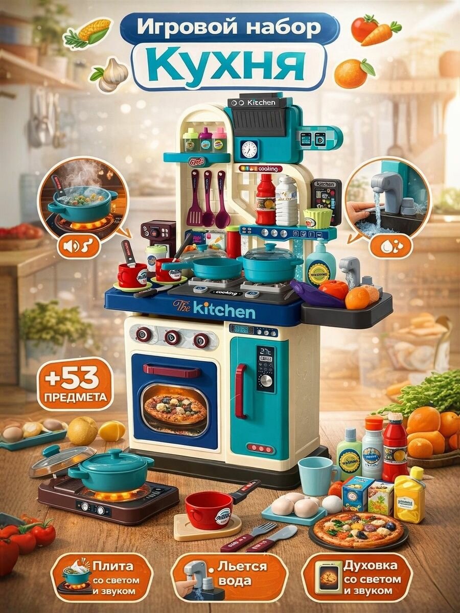 Игровой набор "Кухня" , 53 предмета, льется вода, плита и духовка со светом и звуком