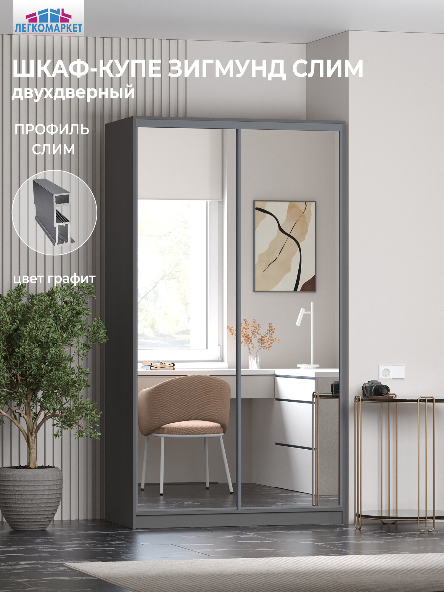 Шкаф-купе Зигмунд Слим 2 160-60-220, цвет графит, профиль графит, наполнение белье-платье