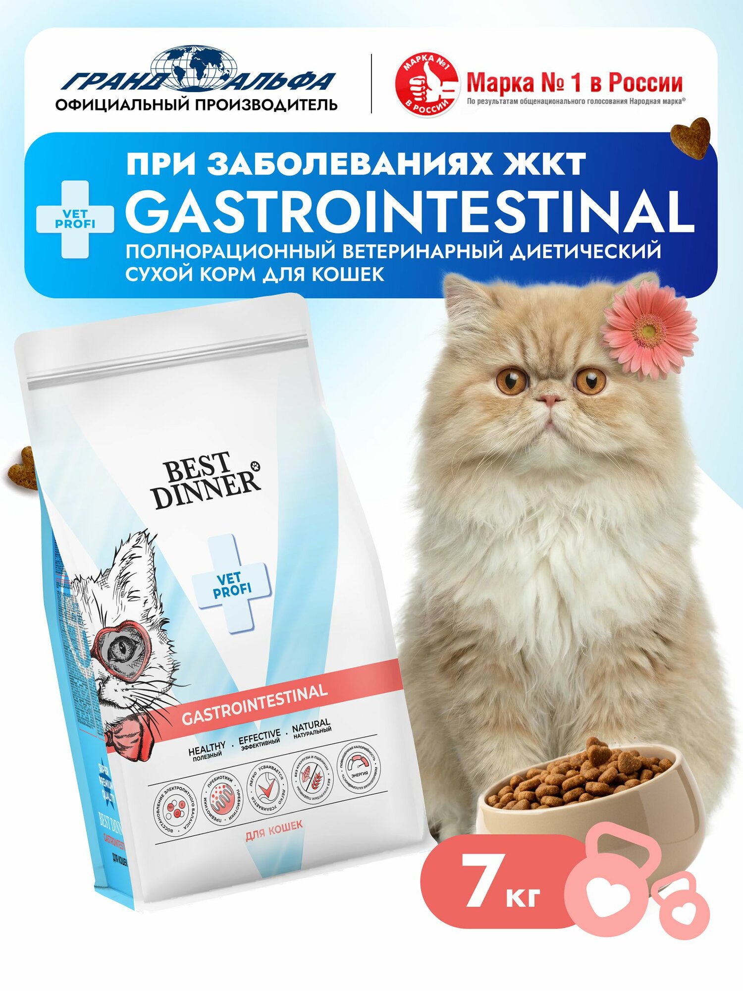 Корм сухой диетический супер премиум класса Vet Profi Gastro Intestinal для кошек любых пород при чувствительном пищеварении, 7 кг Best Dinner (Бест Диннер)