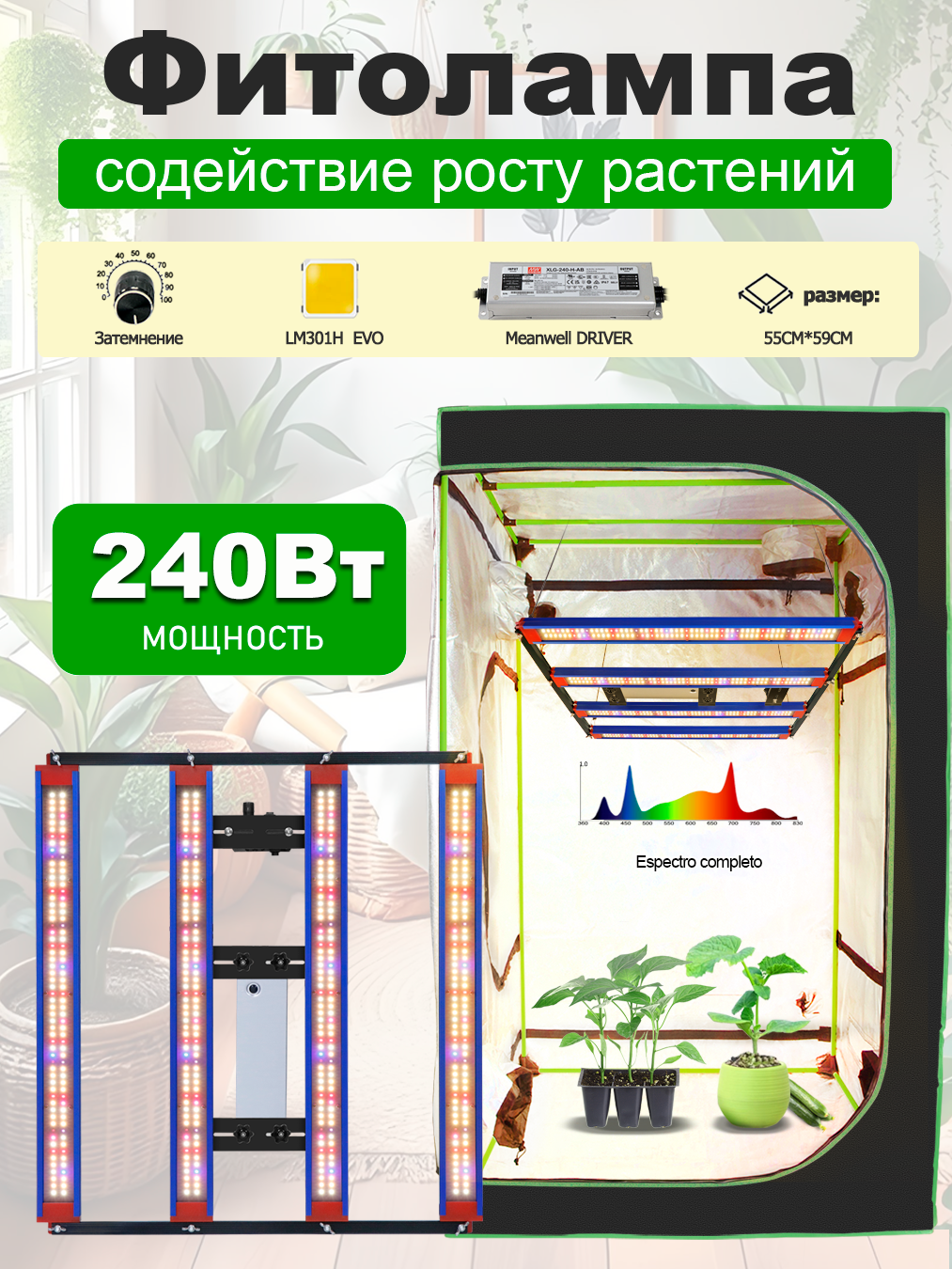 Высокая PPE 2.9Umol Top Лампа для растений 240 ватт MeanWell/ / Режимы вегетация и цветение