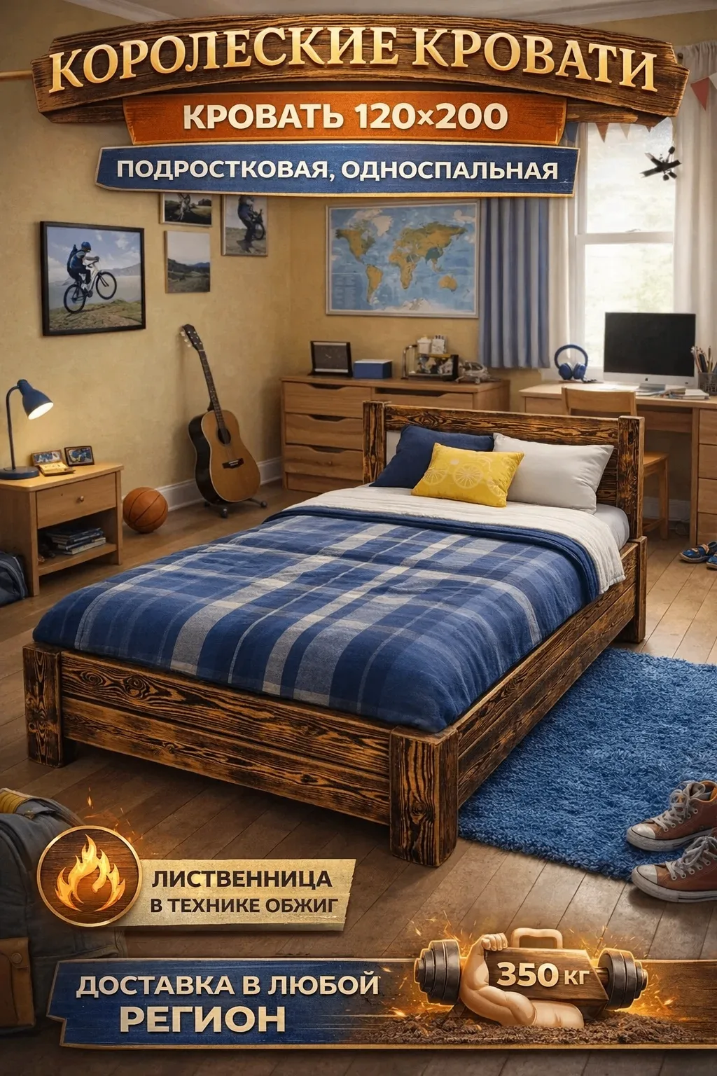 Кровать 120х200 разборная из лиственницы полутороспальная, обожжённое дерево