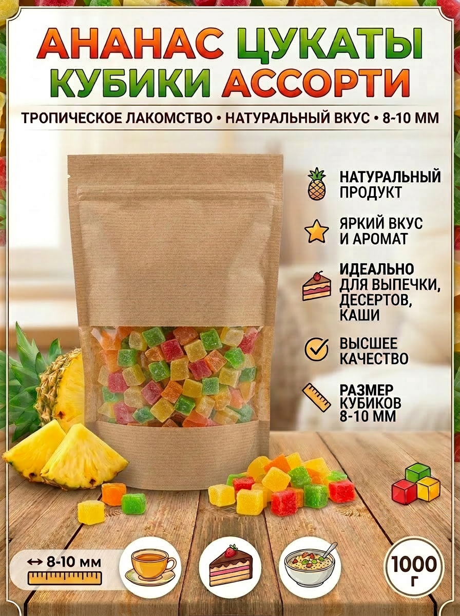 Ананас цукат кубики микс 8-10 мм (Таиланд) 1000 г