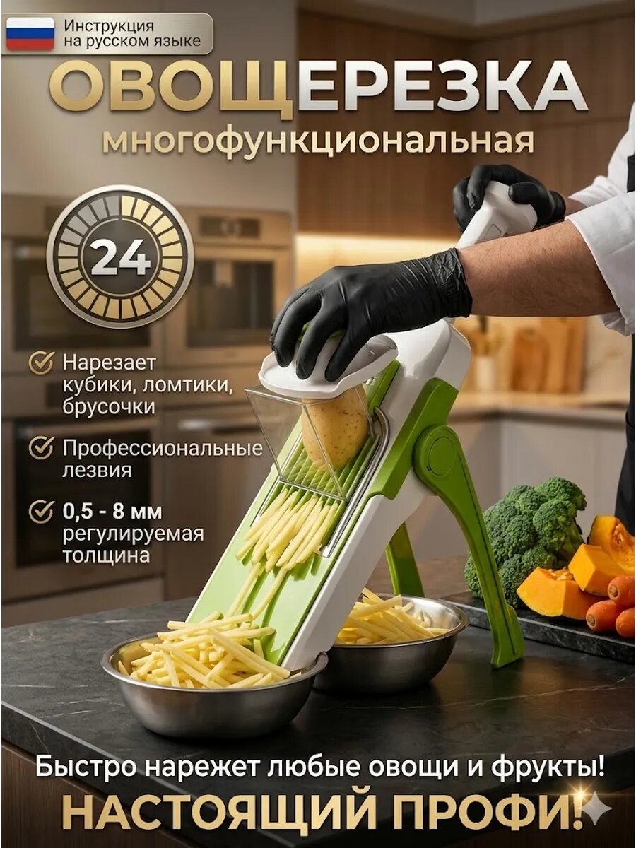 Овощерезка, многофункциональная, с контейнером, пластик, серая/зеленая