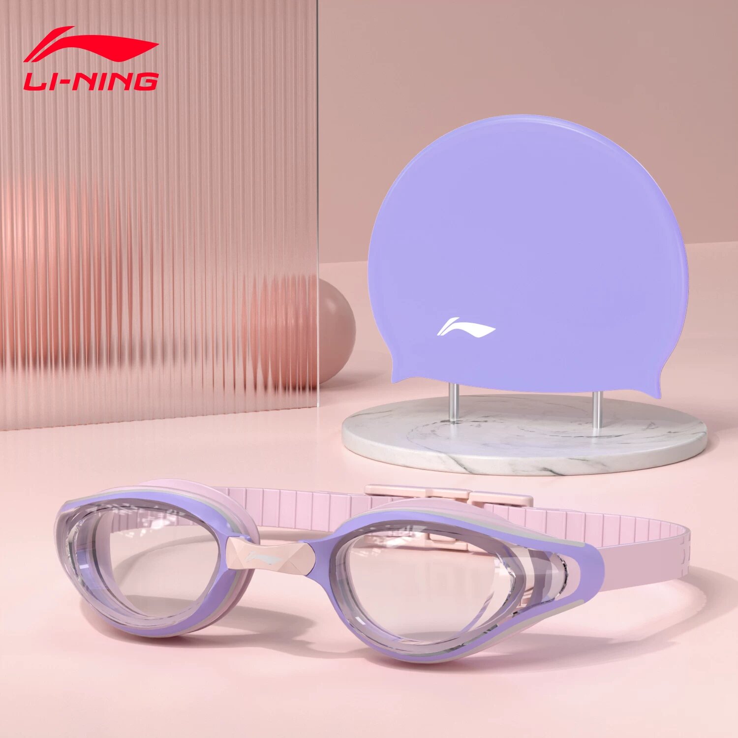 Li-Ning Женские Анти-Туманные Подводные Очки с Набором (Очки+Шапочка) в Сакуре Розово-Фиолетовый Без Линз SKU 500