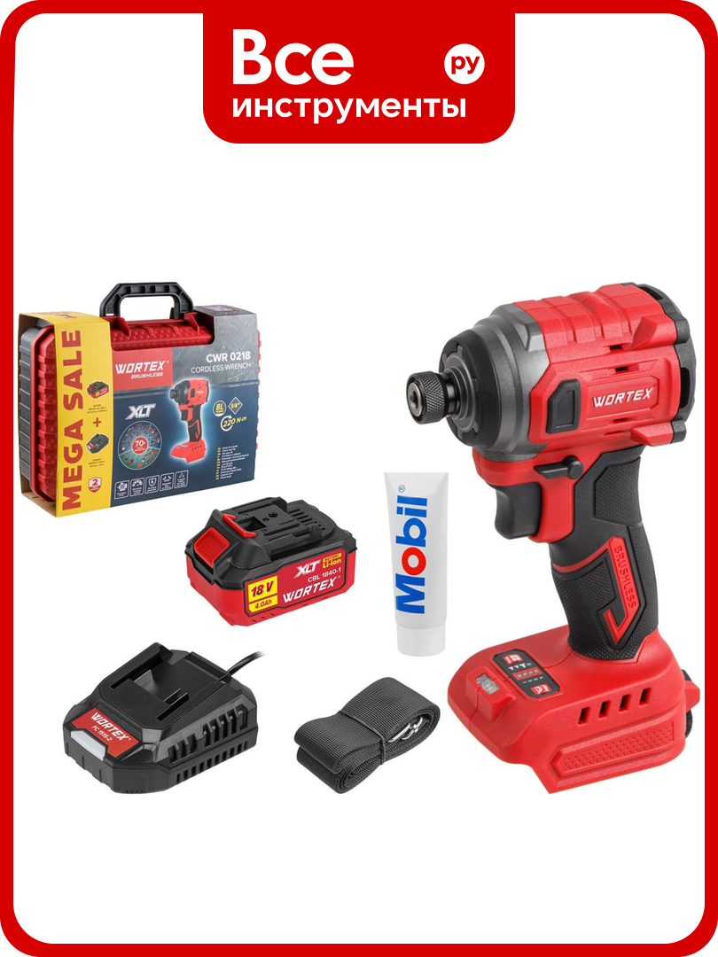 Аккумуляторный ударный гайковерт/винтоверт WORTEX CWR 0218 в чем. XLT 1x4 А*ч, бесщеточный, 18 В, 220 Н*м 1329730