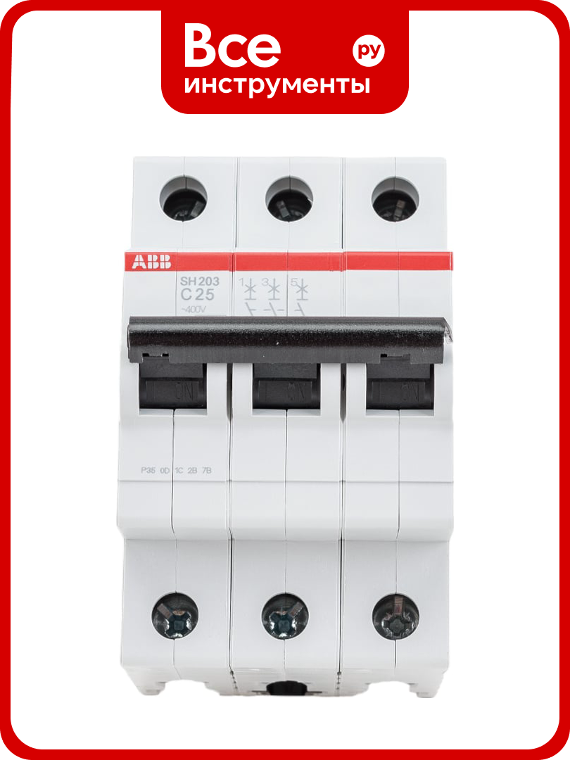 Автоматический трехполюсный выключатель ABB C 25A 6kA SH203 2CDS213001R0254, модульный тип, монтаж на DIN‑рейку