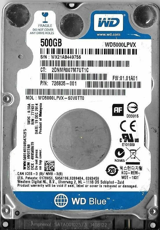 Жесткий диск WD Blue (WD5000LPVX-60V0TT0) - 500 ГБ, SATA III, 7200 rpm, 116 Мбайт/сек, кэш память - 32 МБ