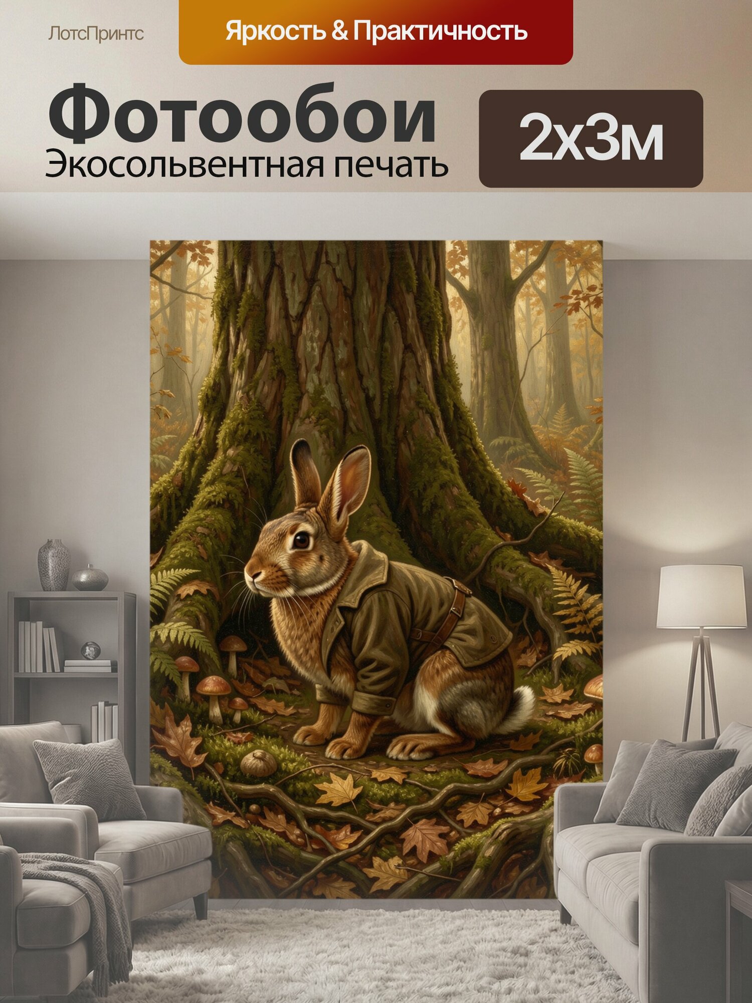 Фотообои "Заяц в лесу у корней дерева. Реалистичная сказочная сцена: ушастый зверёк в зелёной куртке среди мха, папоротников и грибов у старого." 200x300 см. экосольвентная печать